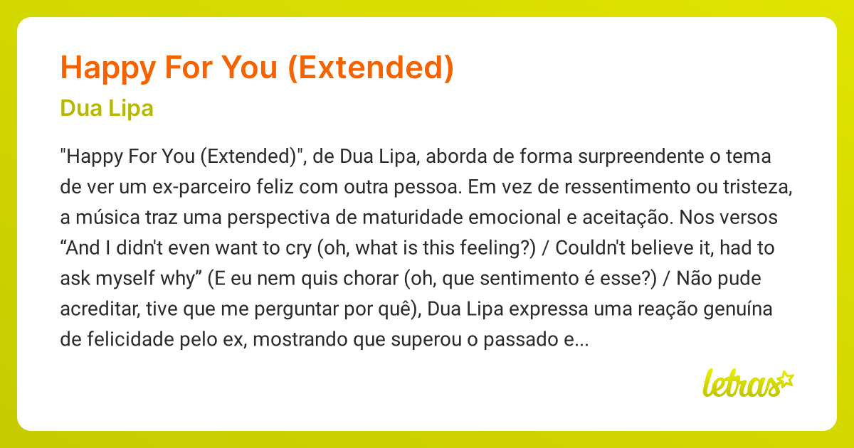 Significado da música HAPPY FOR YOU (EXTENDED) (Dua Lipa) - LETRAS.MUS.BR