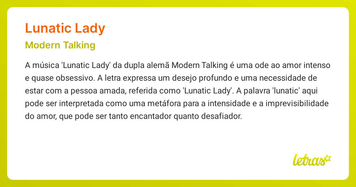 Significado da música LUNATIC LADY (Modern Talking) - LETRAS.MUS.BR