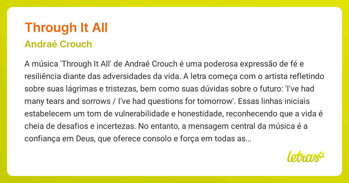 Significado da música THROUGH IT ALL (Andraé Crouch) - LETRAS.MUS.BR
