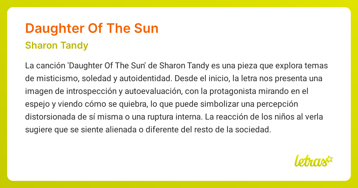 Significado de la canción DAUGHTER OF THE SUN (Sharon Tandy) - LETRAS.COM