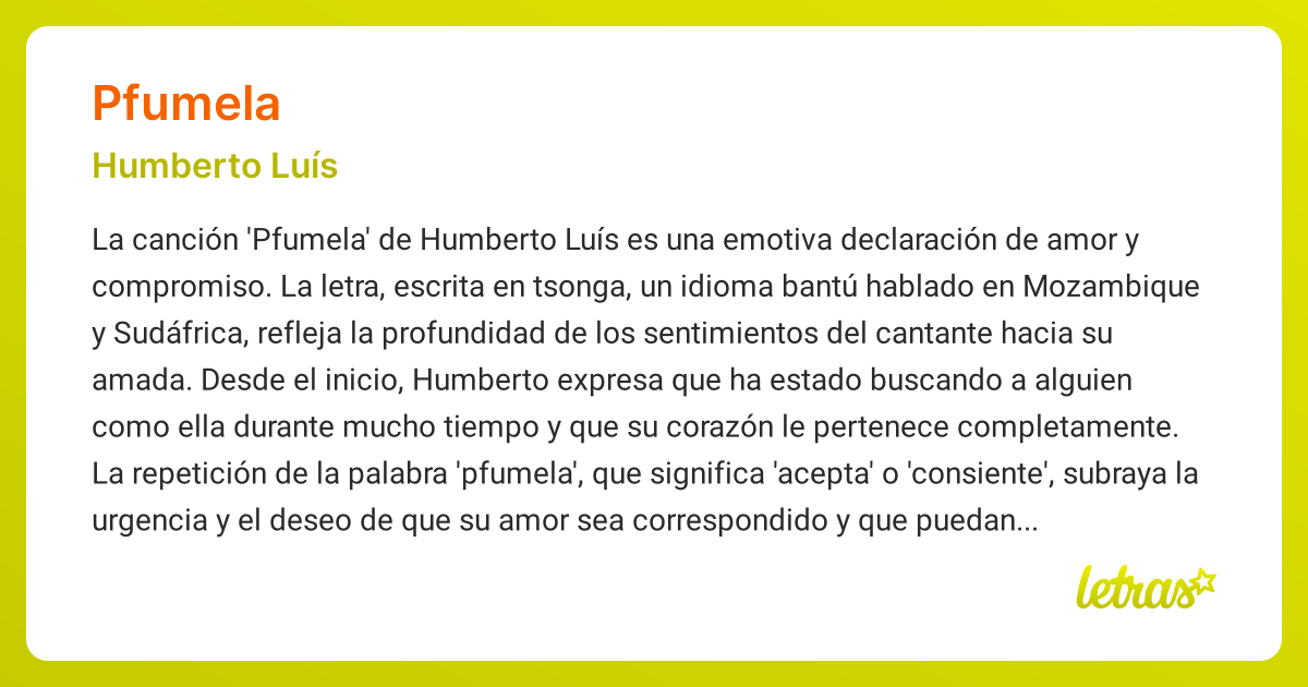 Significado de la canción PFUMELA (Humberto Luís) - LETRAS.COM