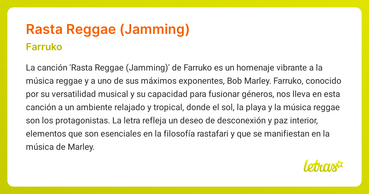 Significado de la canción RASTA REGGAE (JAMMING) (Farruko) - LETRAS.COM
