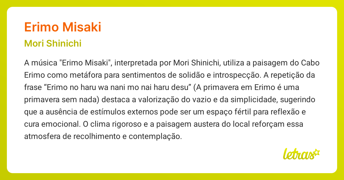 Significado da música ERIMO MISAKI (Mori Shinichi) - LETRAS.MUS.BR