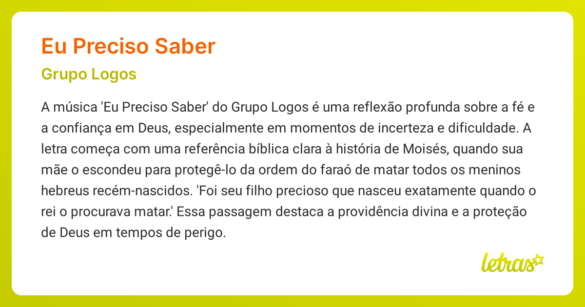 Significado da música EU PRECISO SABER (Grupo Logos) - LETRAS.MUS.BR