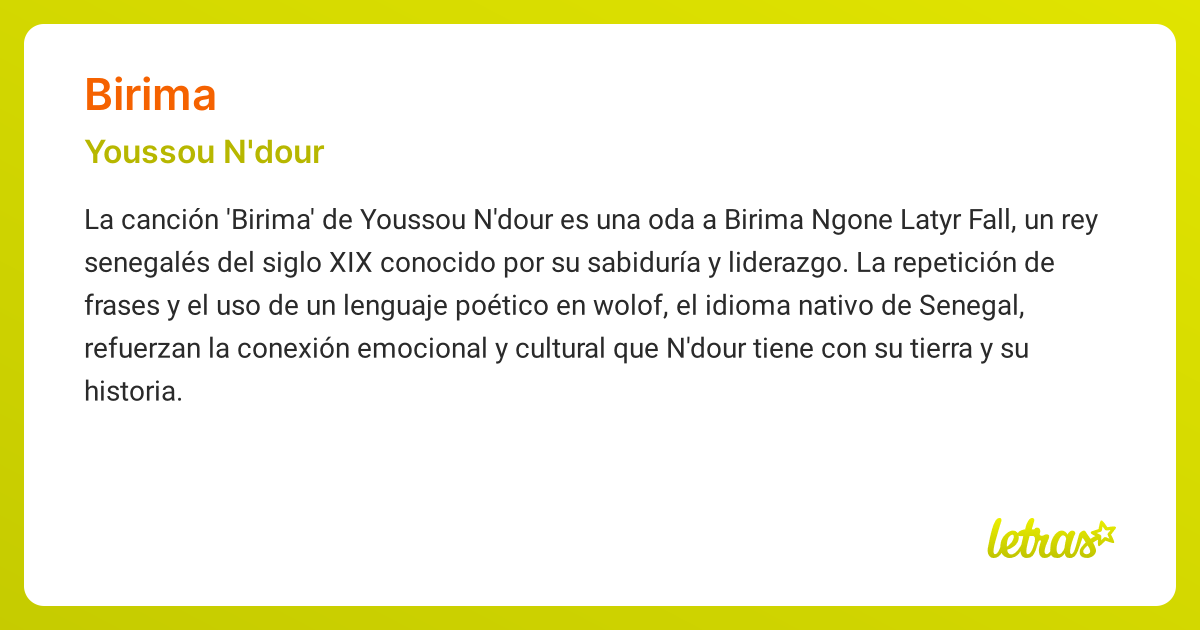Significado de la canción BIRIMA (Youssou N'dour) - LETRAS.COM