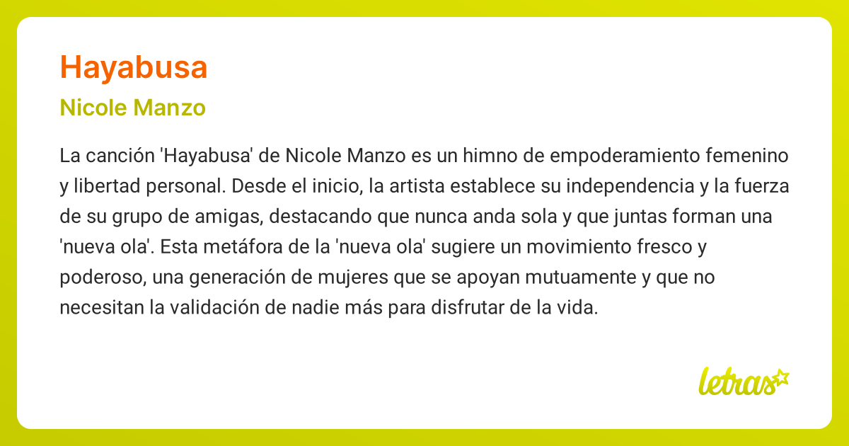 Significado de la canción HAYABUSA (Nicole Manzo) - LETRAS.COM