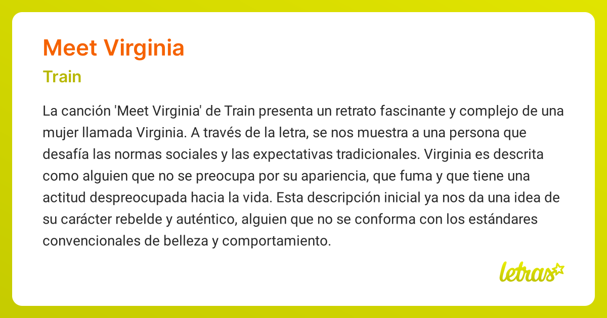 Significado de la canción MEET VIRGINIA (Train) - LETRAS.COM