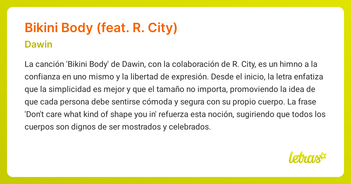 Significado de la canción BIKINI BODY (FEAT. R. CITY) (Dawin) - LETRAS.COM