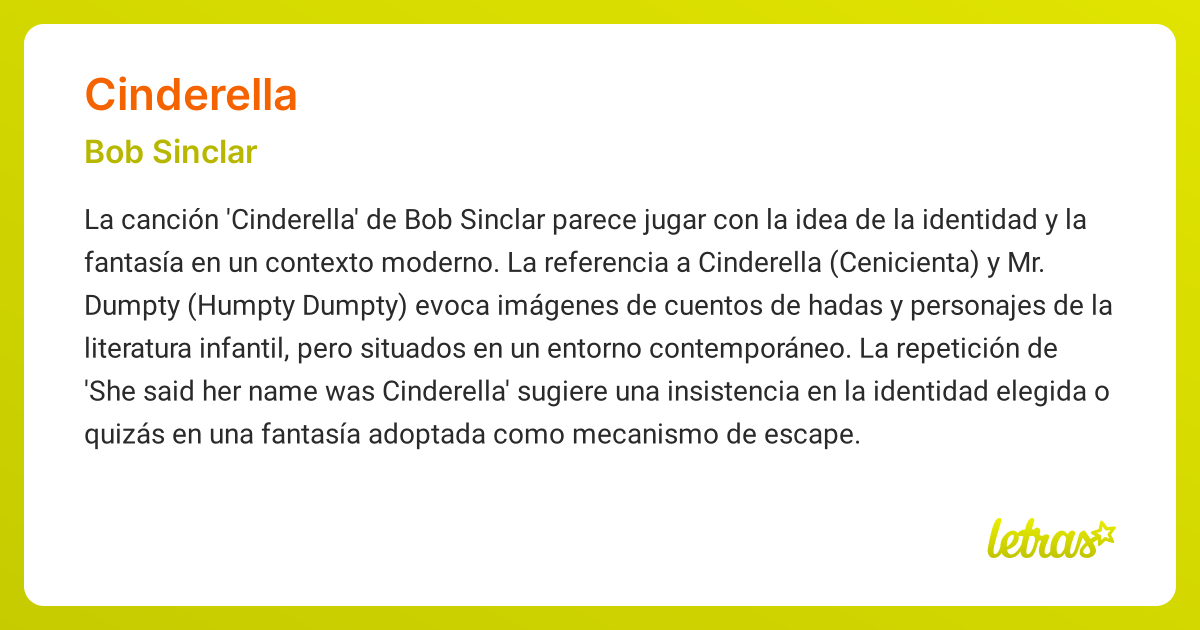 Significado de la canción CINDERELLA (Bob Sinclar) - LETRAS.COM
