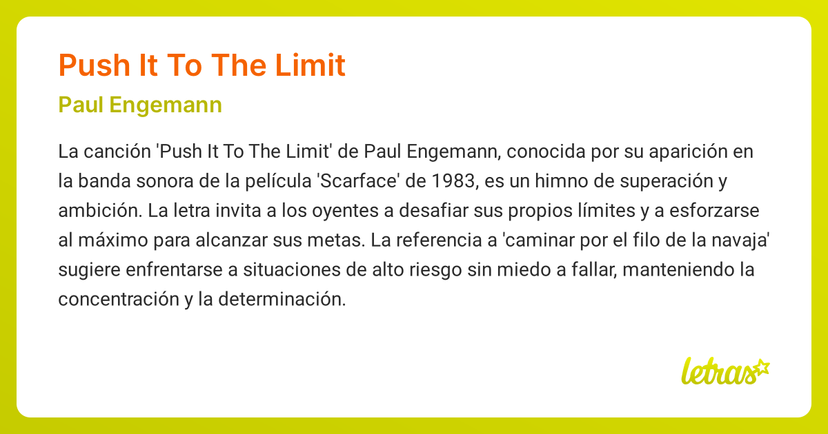 Significado de la canción PUSH IT TO THE LIMIT (Paul Engemann) - LETRAS.COM