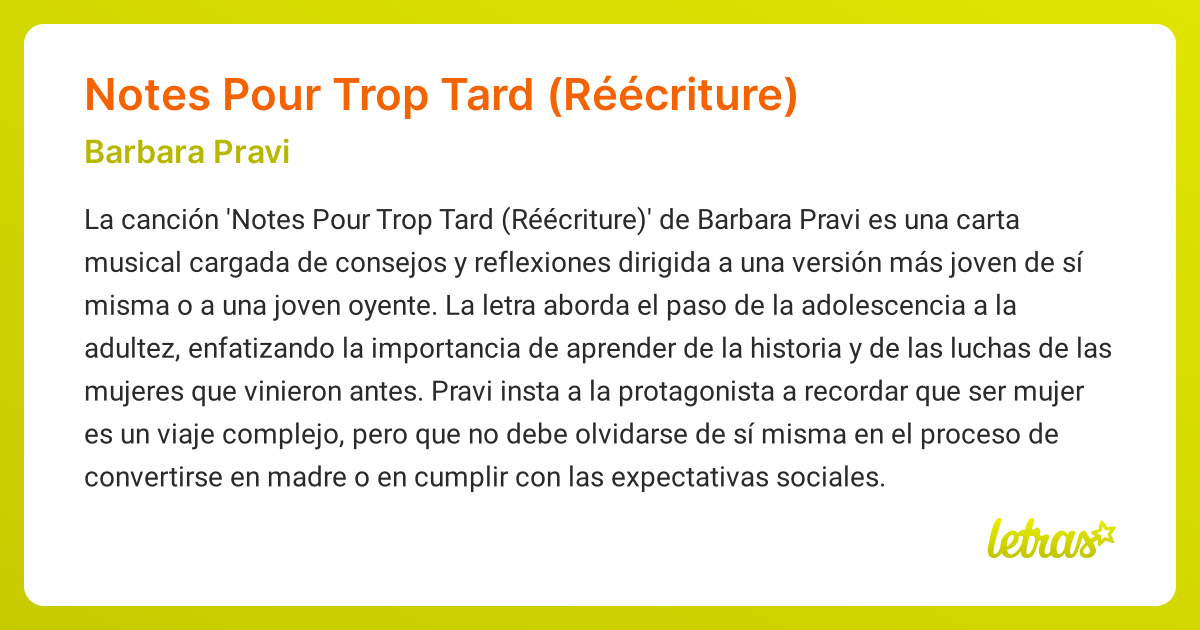 Significado de la canción Notes Pour Trop Tard (Réécriture) (Barbara ...