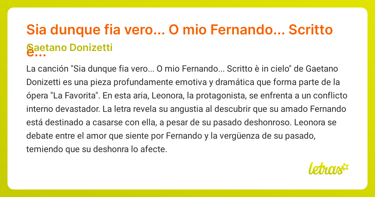 Significado de la canción Sia dunque fia vero... O mio Fernando ...