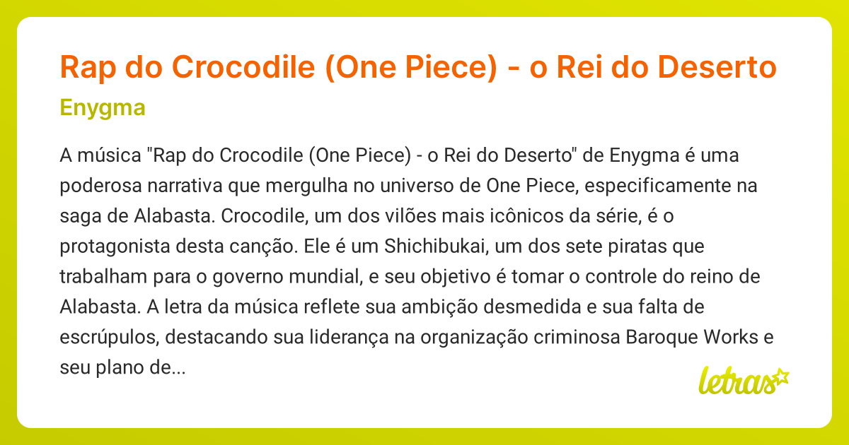 Significado da música Rap do Crocodile (One Piece) - o Rei do Deserto (Enygma) - LETRAS.MUS.BR