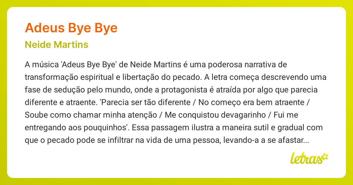 Significado da música ADEUS BYE BYE (Neide Martins) - LETRAS.MUS.BR