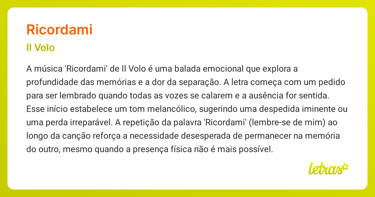 Significado da música RICORDAMI (Il Volo) - LETRAS.MUS.BR