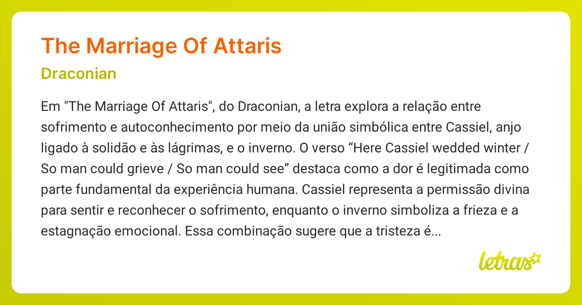 Significado da música THE MARRIAGE OF ATTARIS (Draconian) - LETRAS.MUS.BR