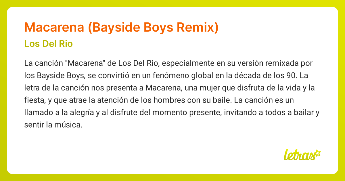 Significado de la canción MACARENA (BAYSIDE BOYS REMIX) (Los Del Rio ...