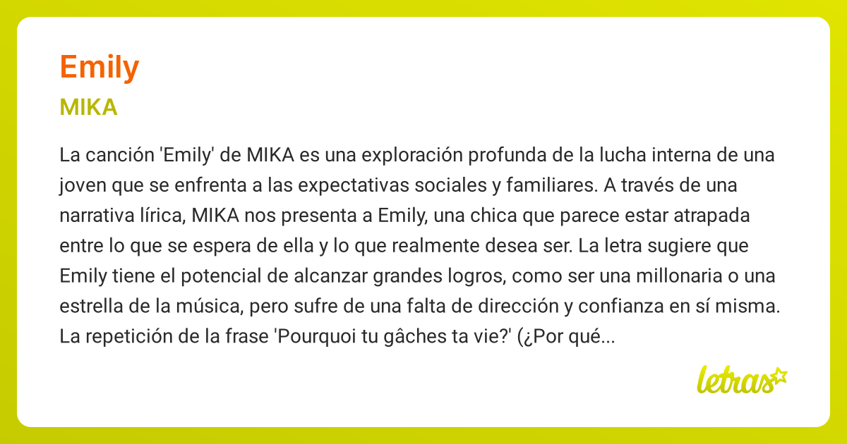 Significado de la canción EMILY (MIKA) - LETRAS.COM