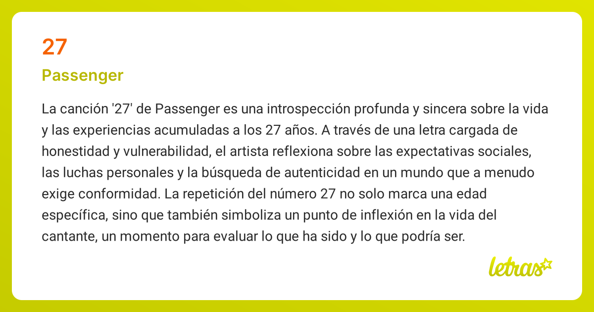 Significado de la canción 27 (Passenger) - LETRAS.COM