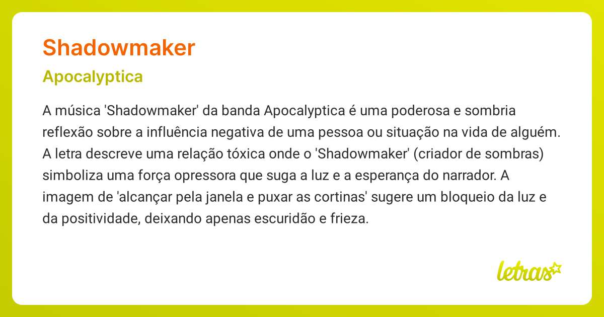 Significado da música SHADOWMAKER (Apocalyptica) - LETRAS.MUS.BR