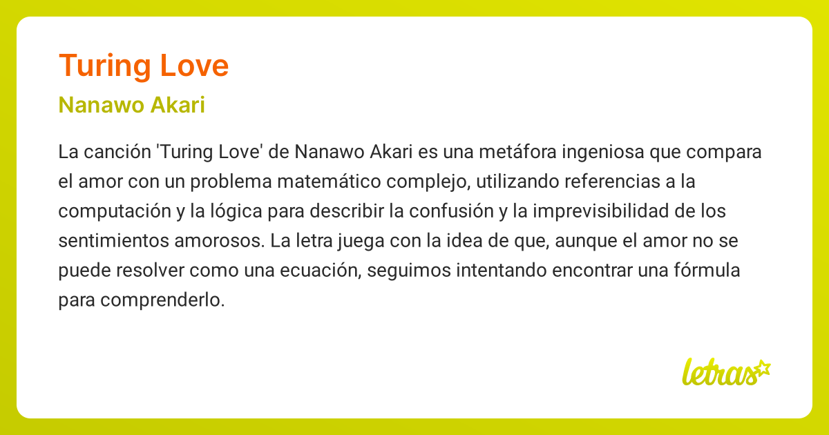 Significado de la canción TURING LOVE (Nanawo Akari) - LETRAS.COM