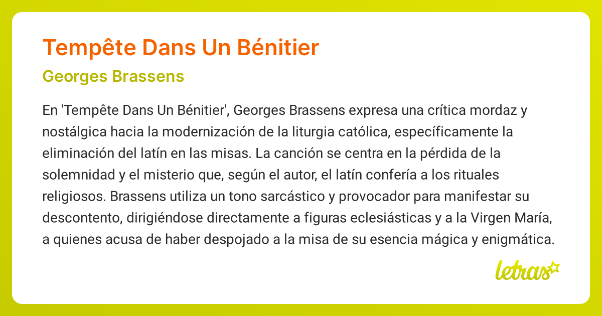Significado de la canción TEMPÊTE DANS UN BÉNITIER (Georges Brassens ...