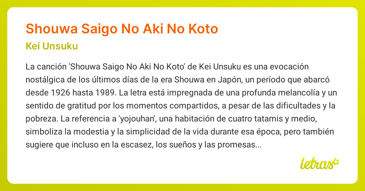 Significado de la canción SHOUWA SAIGO NO AKI NO KOTO (Kei Unsuku ...