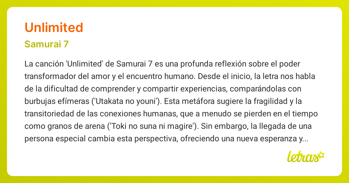 Significado de la canción UNLIMITED (Samurai 7) - LETRAS.COM