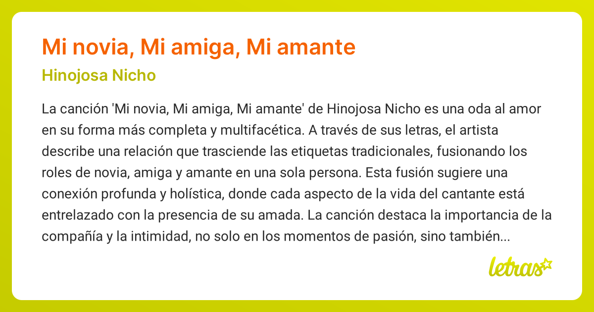 Significado de la canción MI NOVIA, MI AMIGA, MI AMANTE (Hinojosa Nicho ...