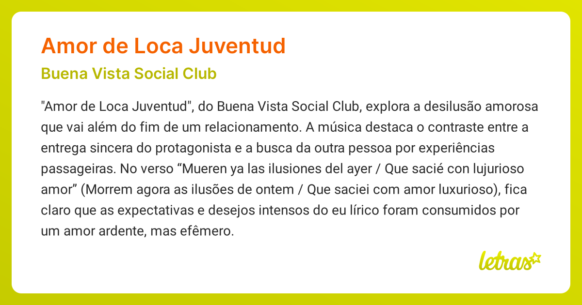 Significado da música AMOR DE LOCA JUVENTUD (Buena Vista Social Club ...