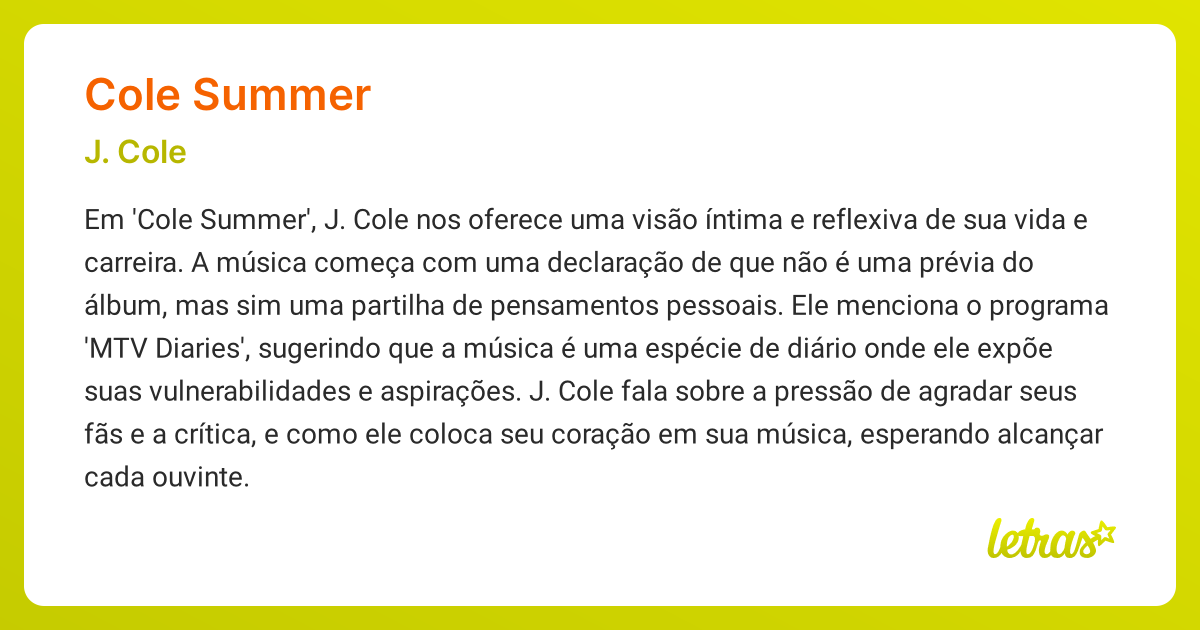 Significado da música COLE SUMMER (J. Cole) - LETRAS.MUS.BR