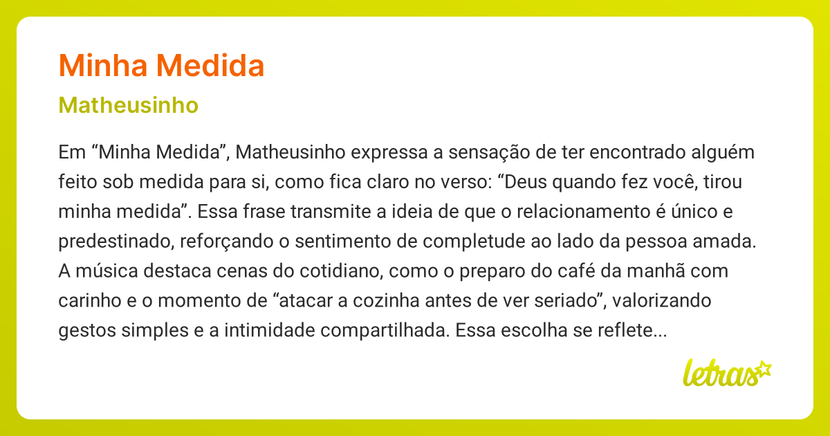 Significado da música MINHA MEDIDA (Matheusinho) - LETRAS.MUS.BR