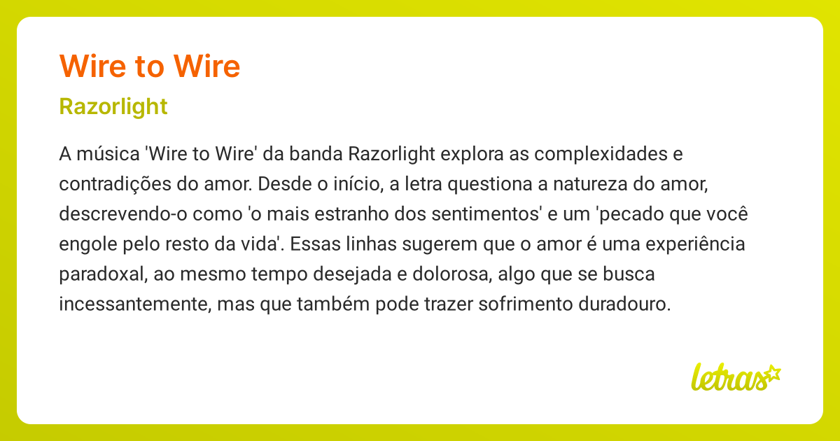 Significado da música WIRE TO WIRE (Razorlight) - LETRAS.MUS.BR