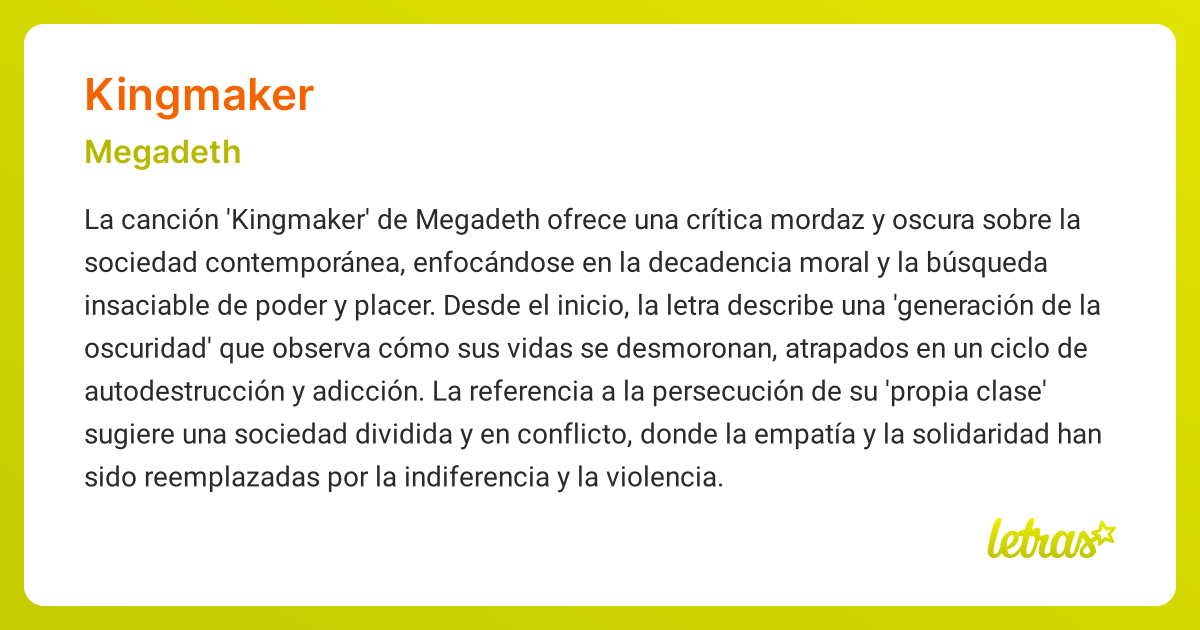 Significado de la canción KINGMAKER (Megadeth) - LETRAS.COM
