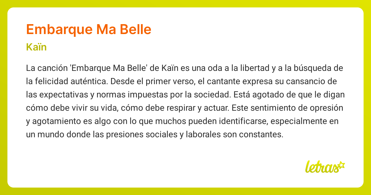 Significado de la canción EMBARQUE MA BELLE (Kaïn) - LETRAS.COM