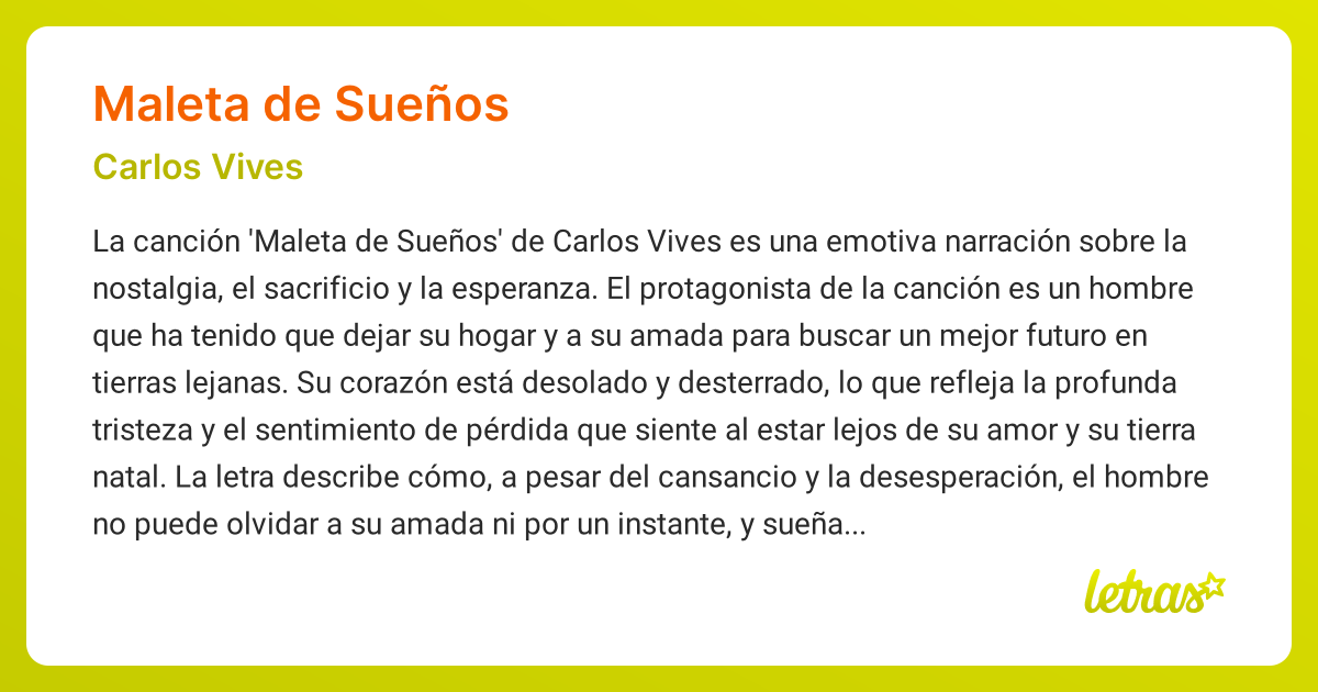 Significado de la canción MALETA DE SUEÑOS (Carlos Vives) - LETRAS.COM