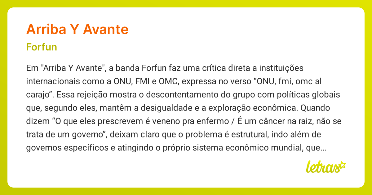 Significado da música ARRIBA Y AVANTE (Forfun) - LETRAS.MUS.BR