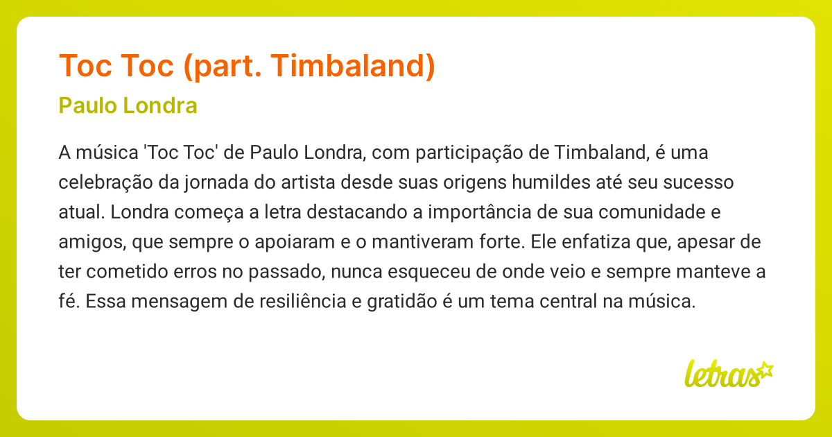 Significado da música TOC TOC (PART. TIMBALAND) (Paulo Londra) - LETRAS ...