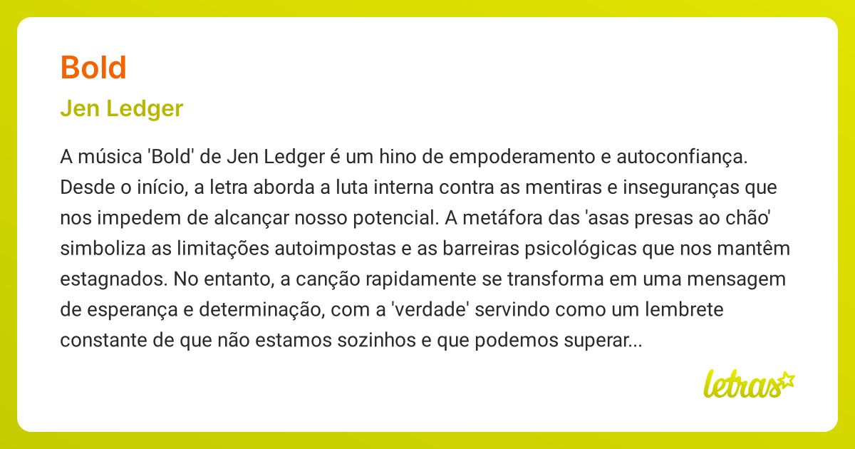Significado da música BOLD (Jen Ledger) - LETRAS.MUS.BR