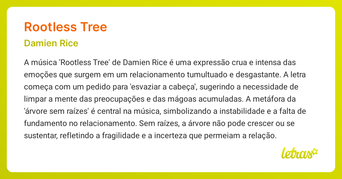 Significado da música ROOTLESS TREE (Damien Rice) - LETRAS.MUS.BR