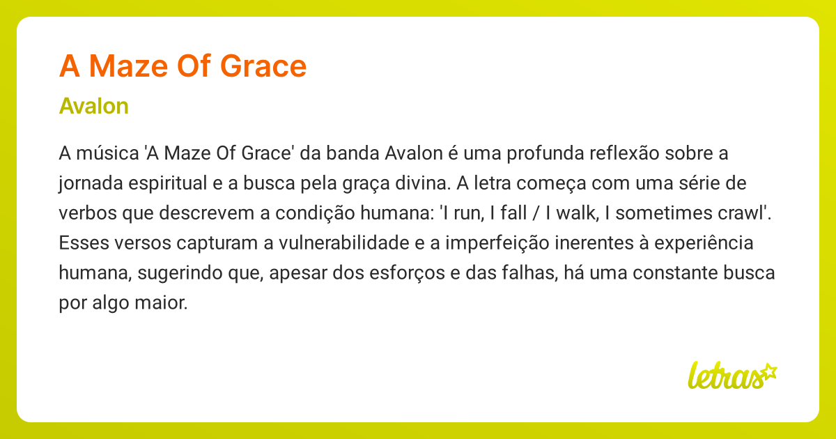 Significado da música A MAZE OF GRACE (Avalon) - LETRAS.MUS.BR