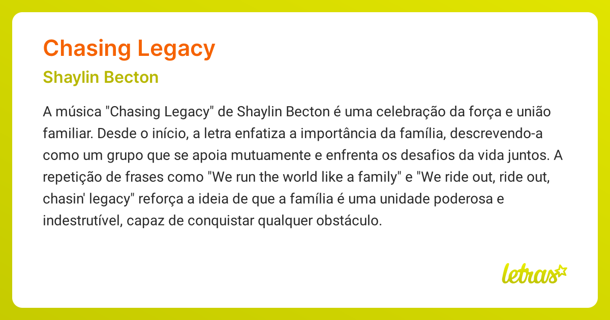 Significado da música CHASING LEGACY (Shaylin Becton) - LETRAS.MUS.BR