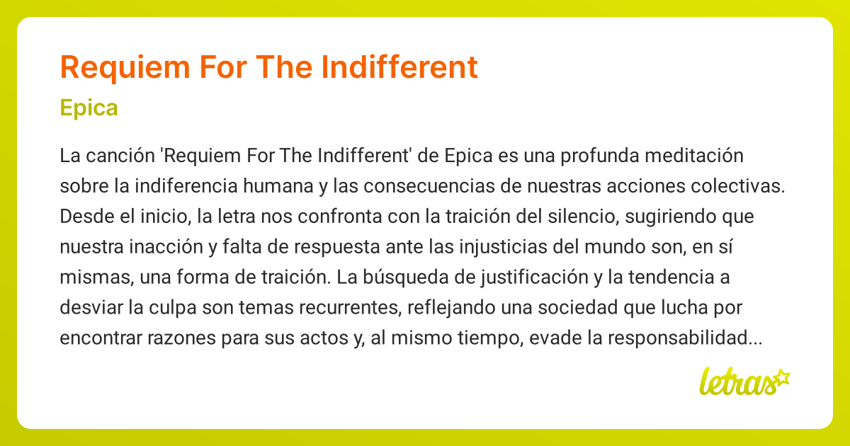 Significado de la canción REQUIEM FOR THE INDIFFERENT (Epica) - LETRAS.COM