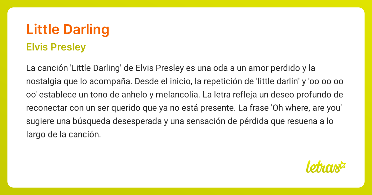 Significado de la canción LITTLE DARLING (Elvis Presley) - LETRAS.COM