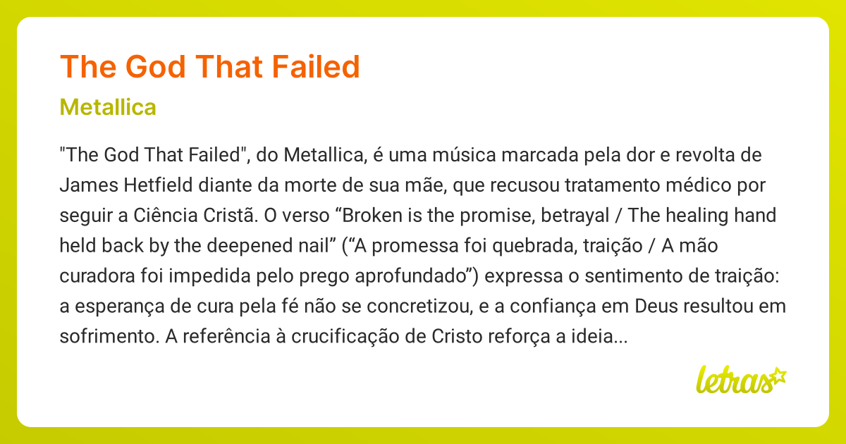 Significado da música THE GOD THAT FAILED (Metallica) - LETRAS.MUS.BR