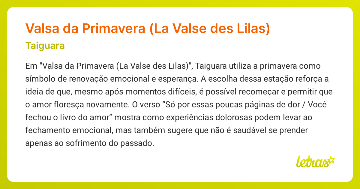 Significado da música Valsa da Primavera (La Valse des Lilas) (Taiguara ...