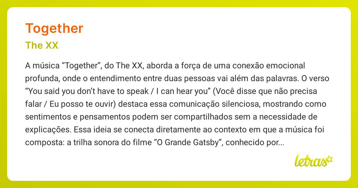 Significado da música TOGETHER (The XX) - LETRAS.MUS.BR