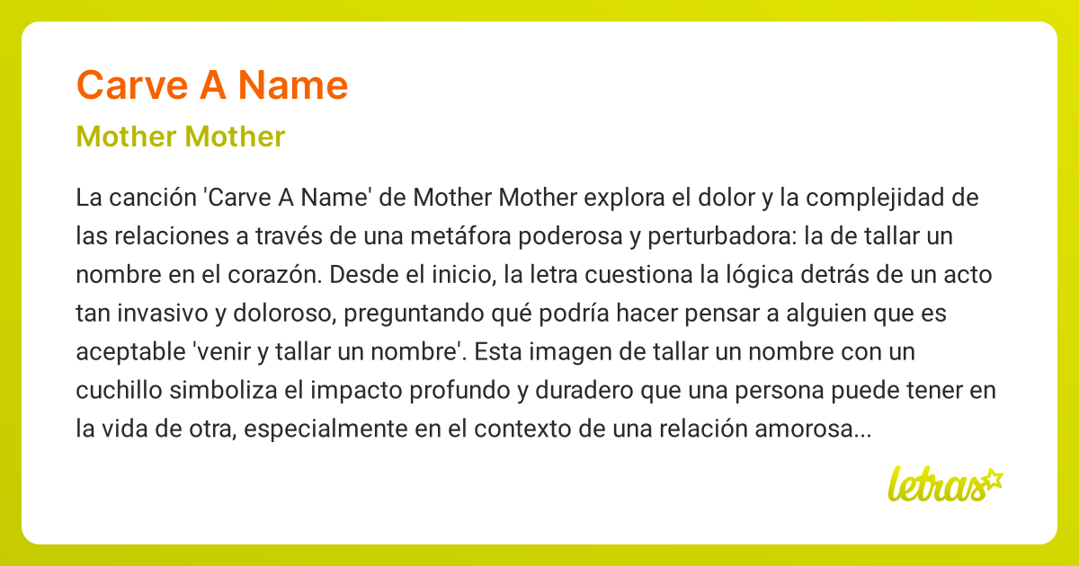 Significado de la canción CARVE A NAME (Mother Mother) - LETRAS.COM