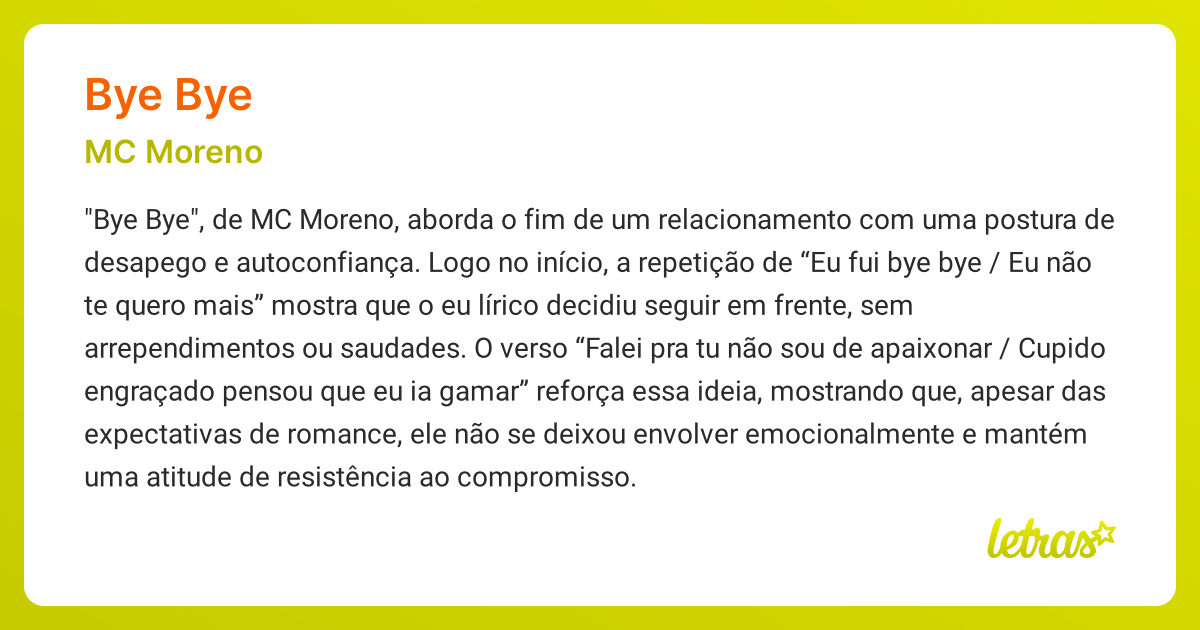 Significado da música BYE BYE (MC Moreno) - LETRAS.MUS.BR