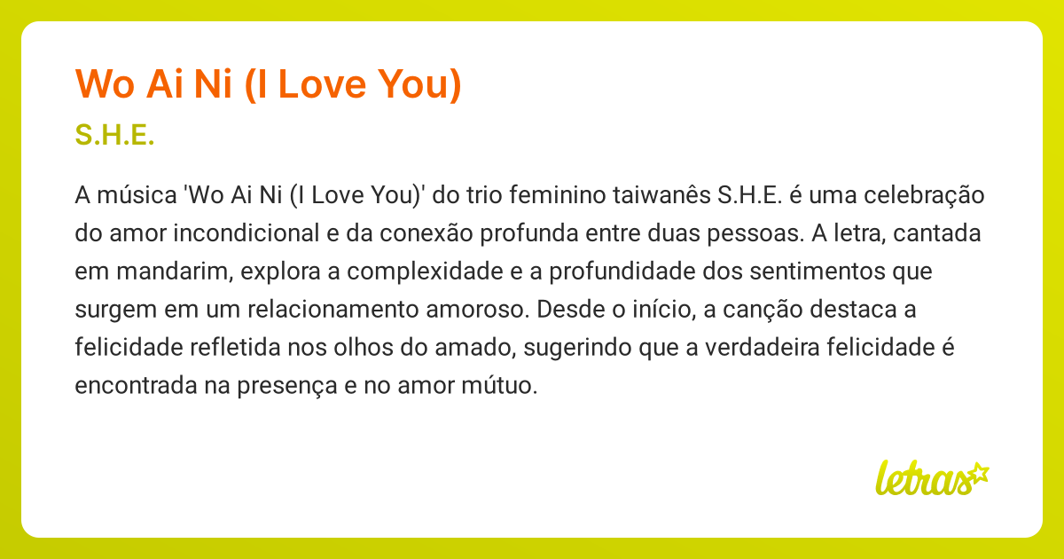 Significado da música WO AI NI (I LOVE YOU) (S.H.E.) - LETRAS.MUS.BR